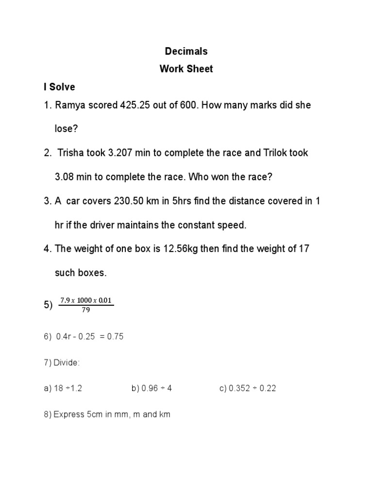 Decimals Work Sheet | PDF