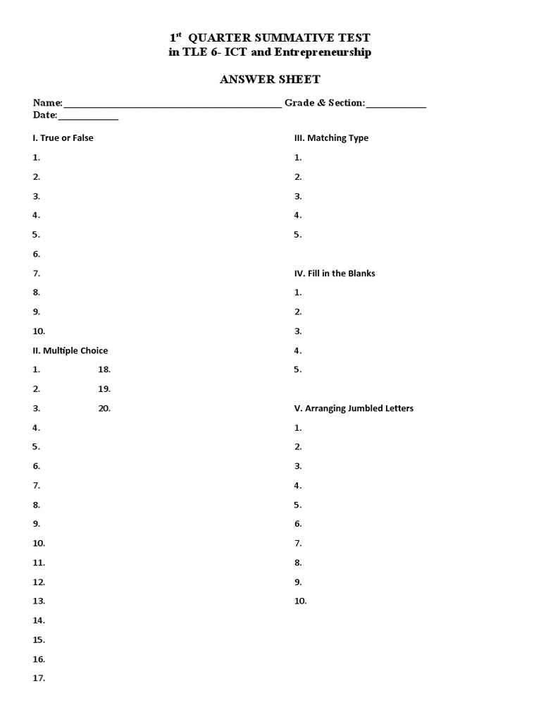 TLE-ICT 6 - Answer Sheet - 1st QUARTER SUMMATIVE TEST | PDF