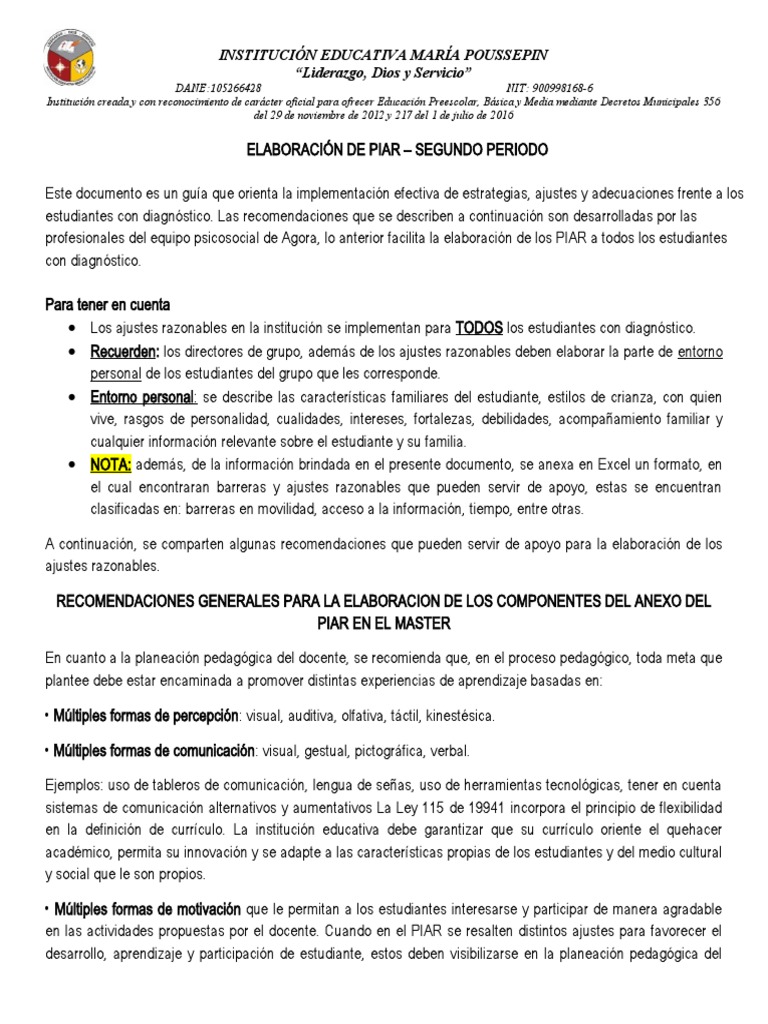 Implementación de PIAR - Segundo Periodo | PDF | Comportamiento ...