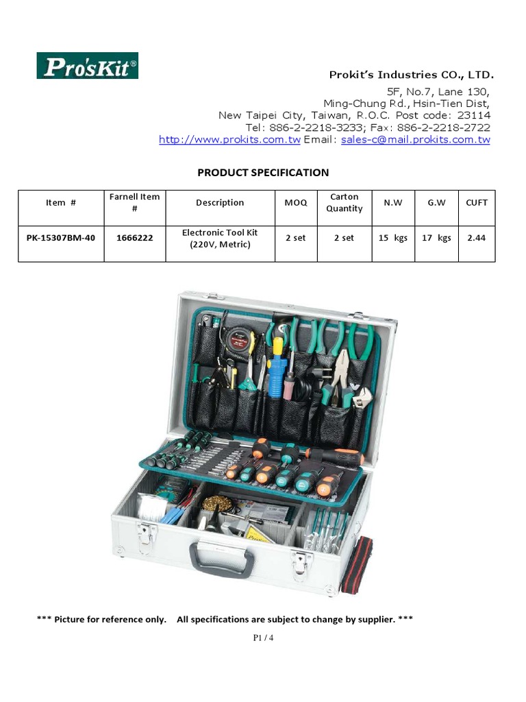 Product Specification for the PK-15307BM-40 Electronic Tool Kit from Prokit's Industries CO ...