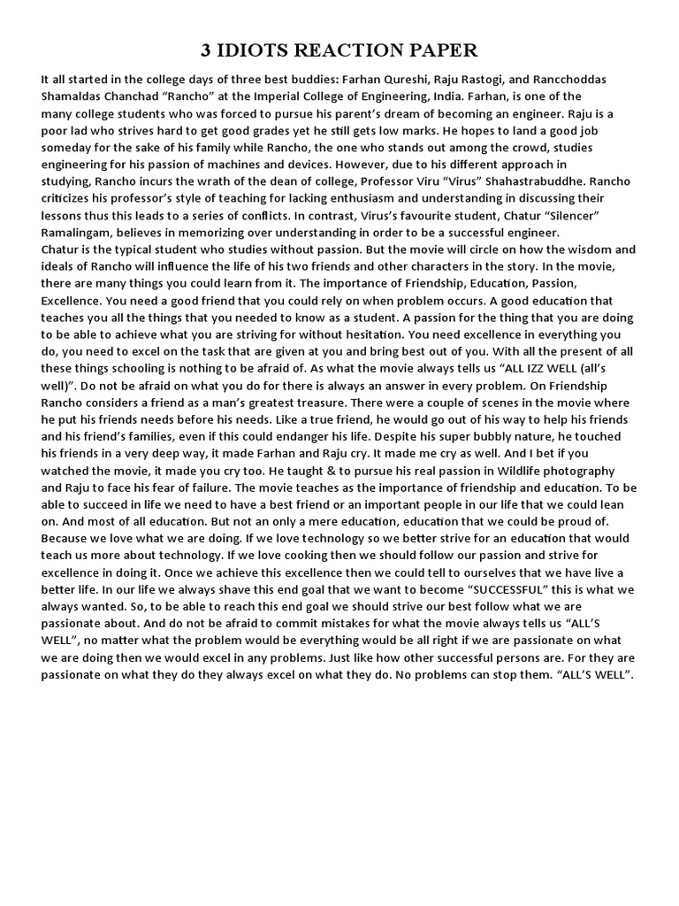 3 Idiots Reaction Paper | PDF