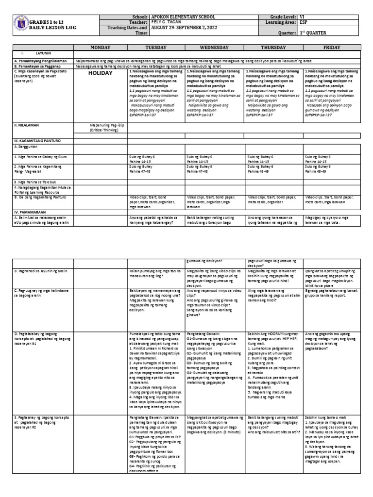 DLL Esp-6 Q1 W1 | PDF