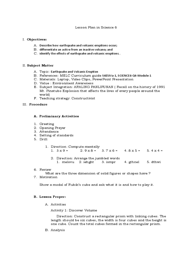 Lesson Plan in Science 6 | PDF | Volume | Volcano