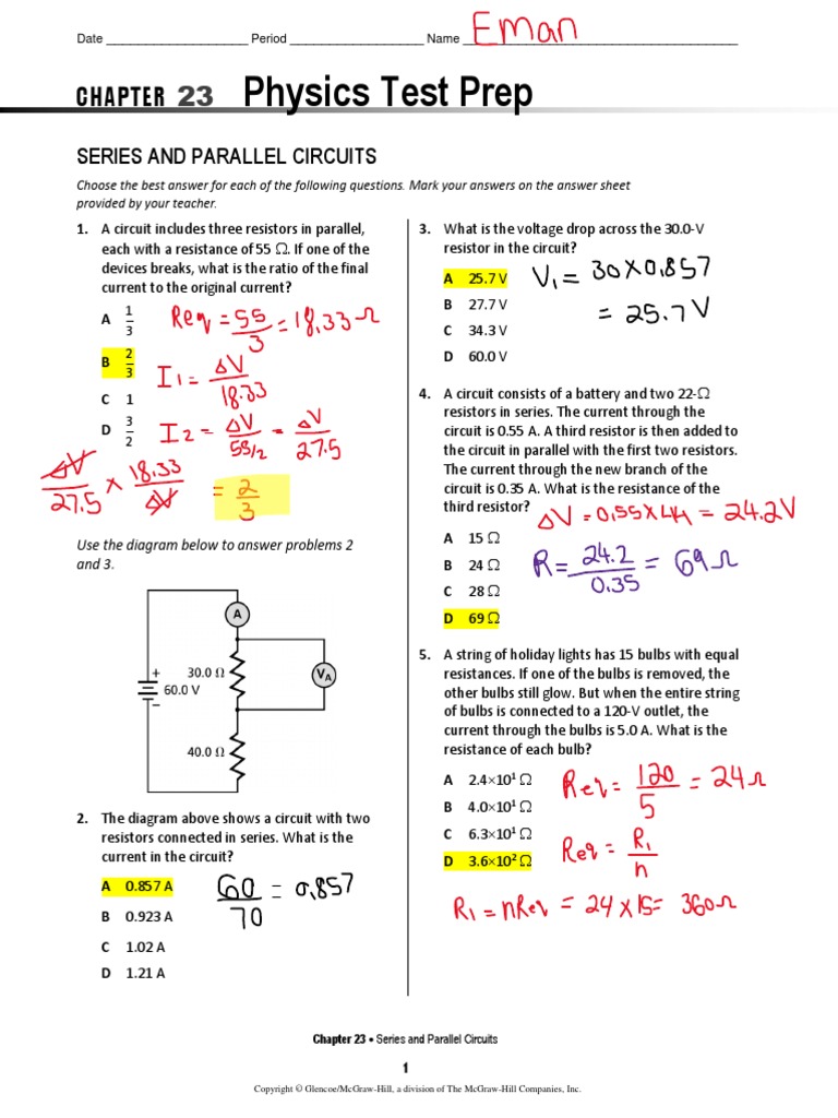 Physics Test Prep Series and Parallel Circuits Student Editable - Eman ...