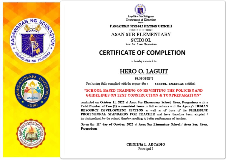 Certificate of Completion for a School-Based Training on Revisiting ...