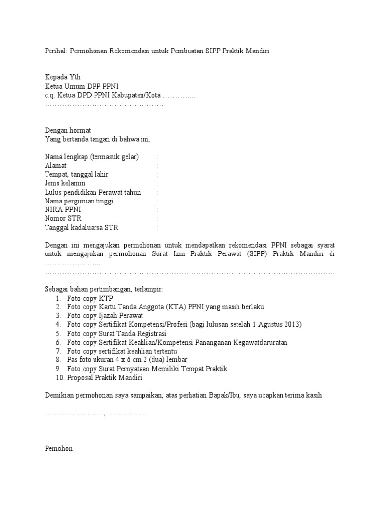 Form Permohonan Rekom SIPP | PDF
