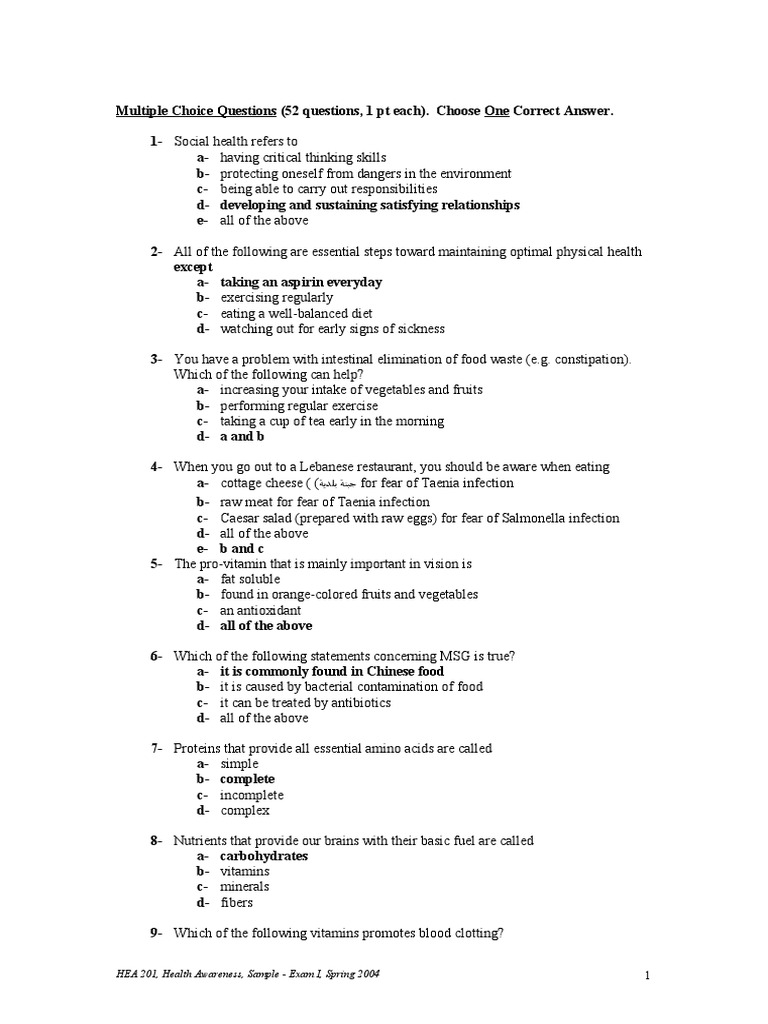Multiple Choice Health and Wellness Exam Covering Nutrition, Exercise ...