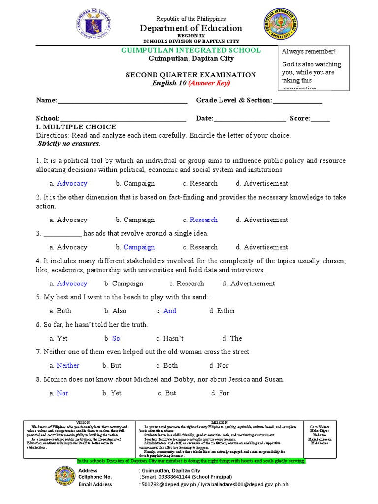 English 10 2nd Quarter Exam Answer Key | PDF | Learning | Communication