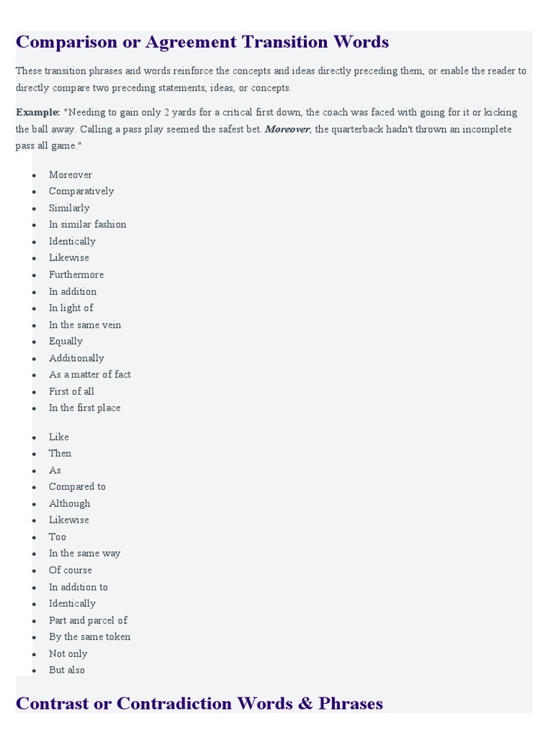 Comparison or Agreement Transition Words | Download Free PDF ...