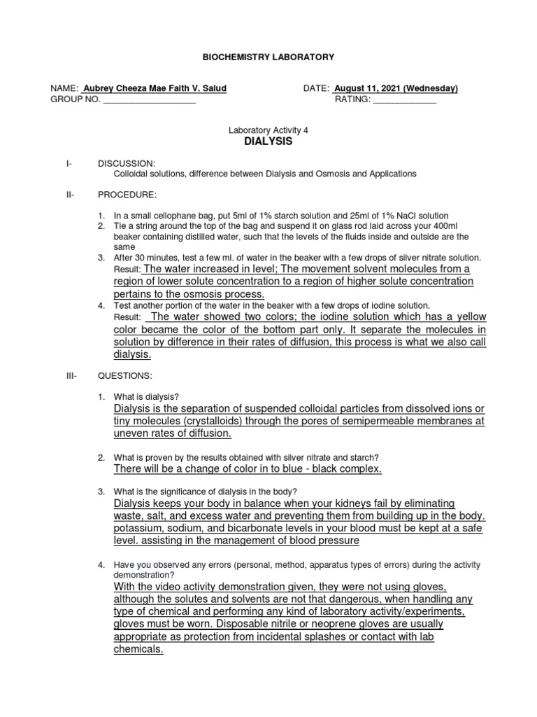 Dialysis Experiment in Biochemistry Lab | PDF | Osmosis | Chemical ...