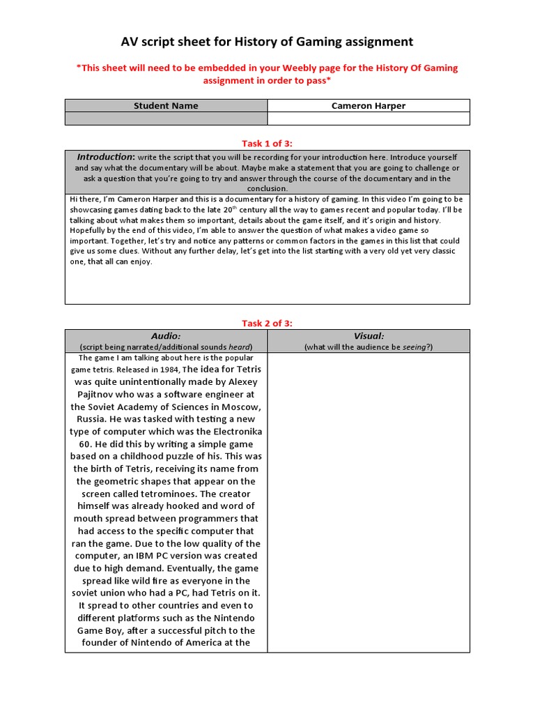 Av Script Sheet For History of Gaming Assignment 1 | PDF | Video Games ...