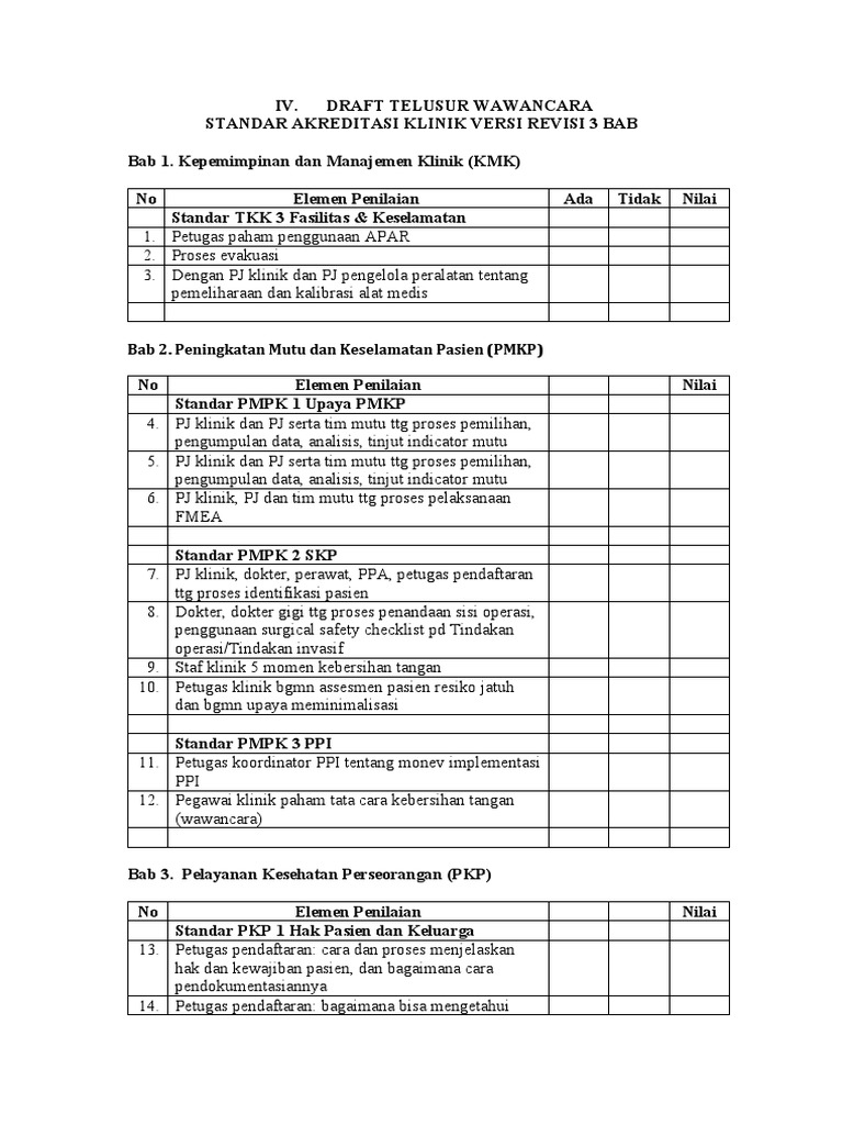IV. Draft Telusur Wawancara Standar Akreditasi Klinik Versi Revisi 3 Bab | PDF