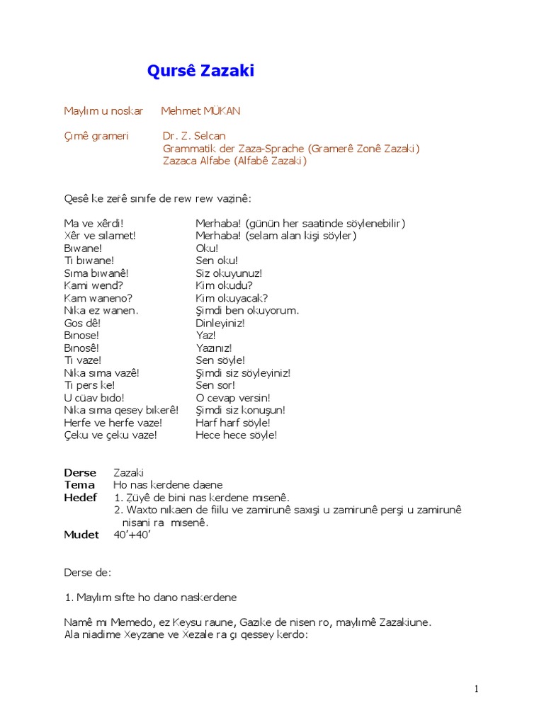 Northern Zazaki, Center Dersim Dialect | PDF