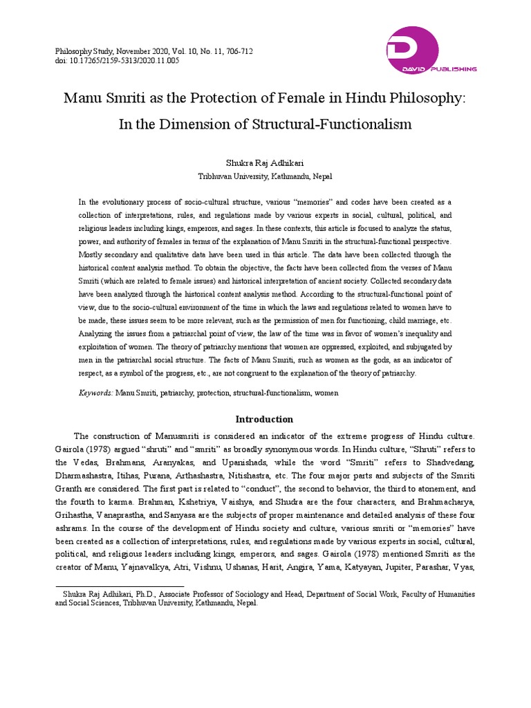 Manu Smriti As The Protection of Female in Hindu Philosophy: in The ...