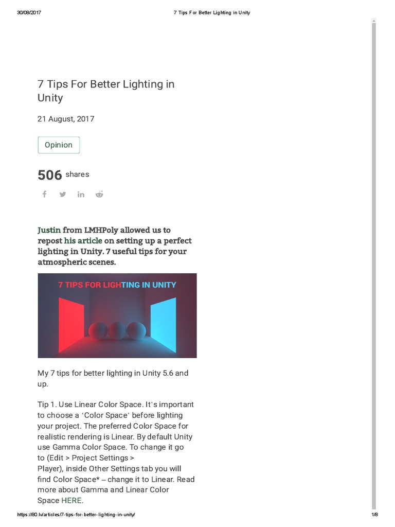7 Tips For Better Lighting in Unity | PDF | Color | Unity (Game Engine)