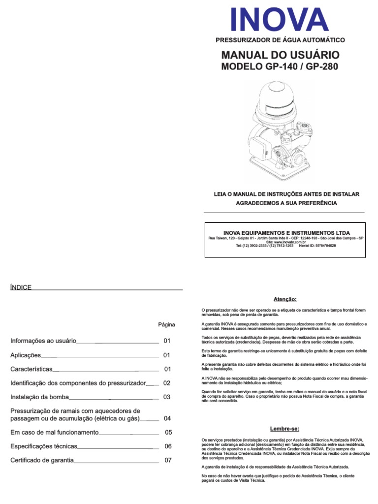 Manual do usuário do pressurizador de água automático INOVA GP-140/GP ...