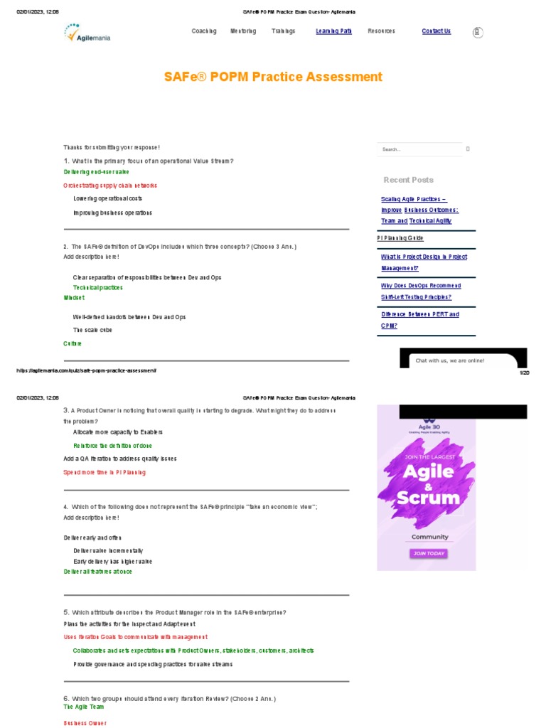 Safe® Popm Practice Exam Question Agilemania Pdf Scrum Software Development Agile