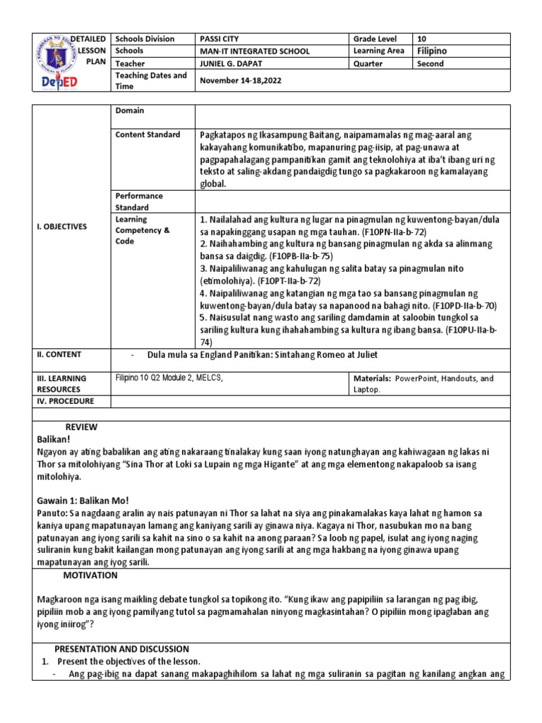 Lesson Plan in Filipino 2 | PDF