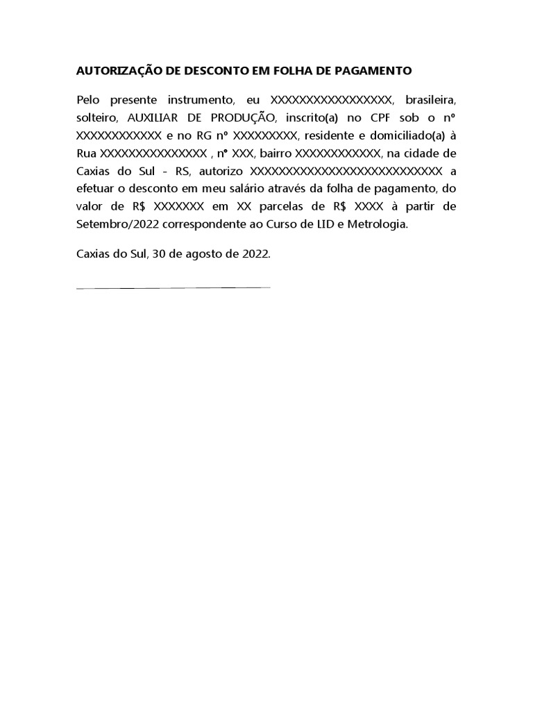 Modelo Autorização de Desconto Em Folha de Pagamento | PDF Modelo Autorização de Desconto Em Folha de Pagamento | PDF