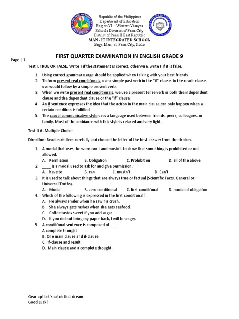 First Quarter Examination in English Grade 9 | PDF | English Language | Verb