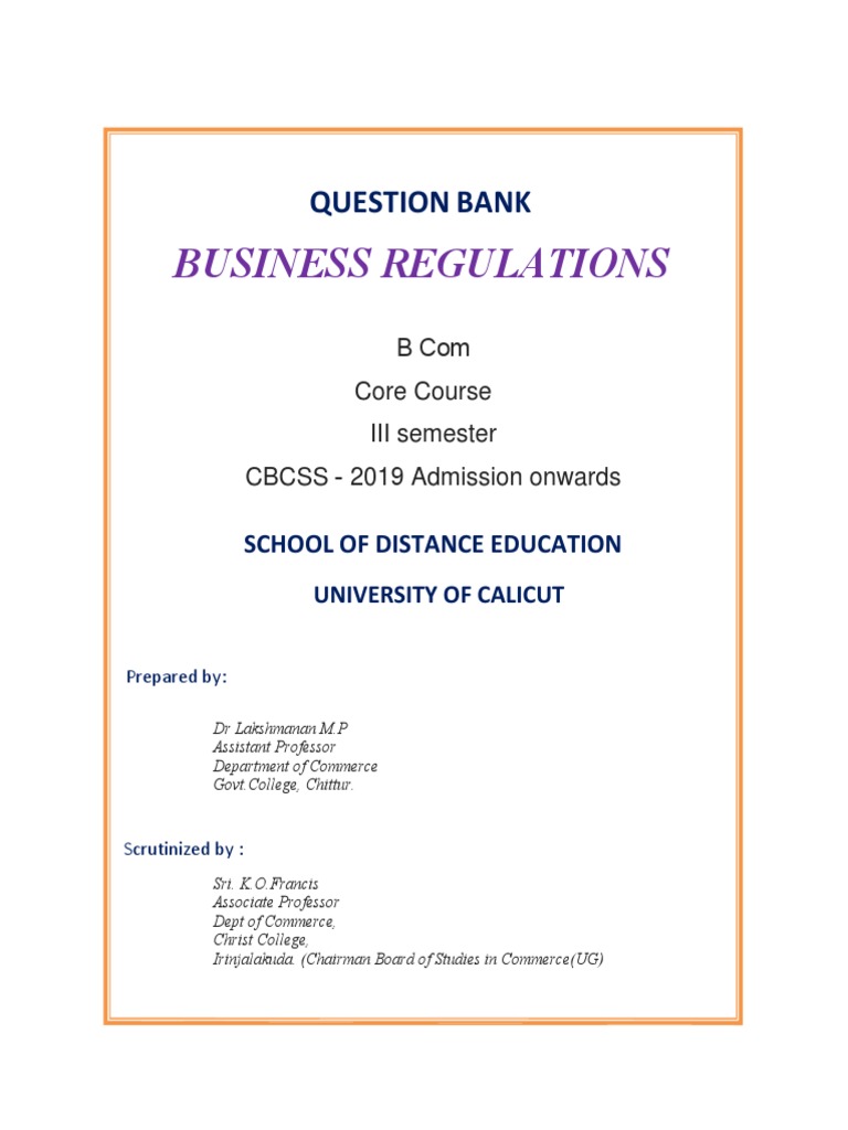 Business Regulations: Question Bank | PDF