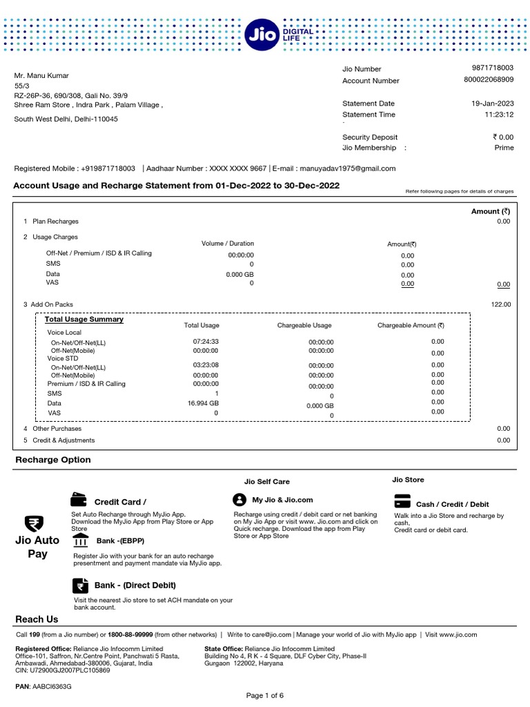Manu Kumar Jio Bill | Download Free PDF | Credit Card | Debit Card