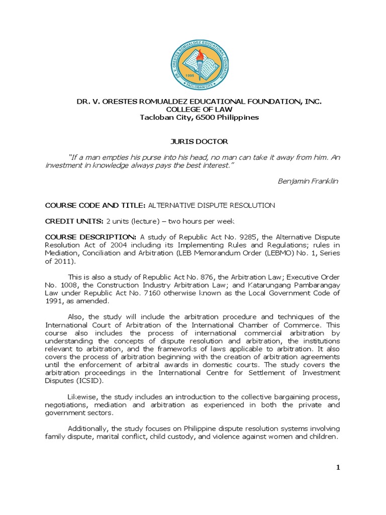DVOREF (Syllabus) Alternative Dispute Resolution Law | PDF | Arbitration | Alternative Dispute ...
