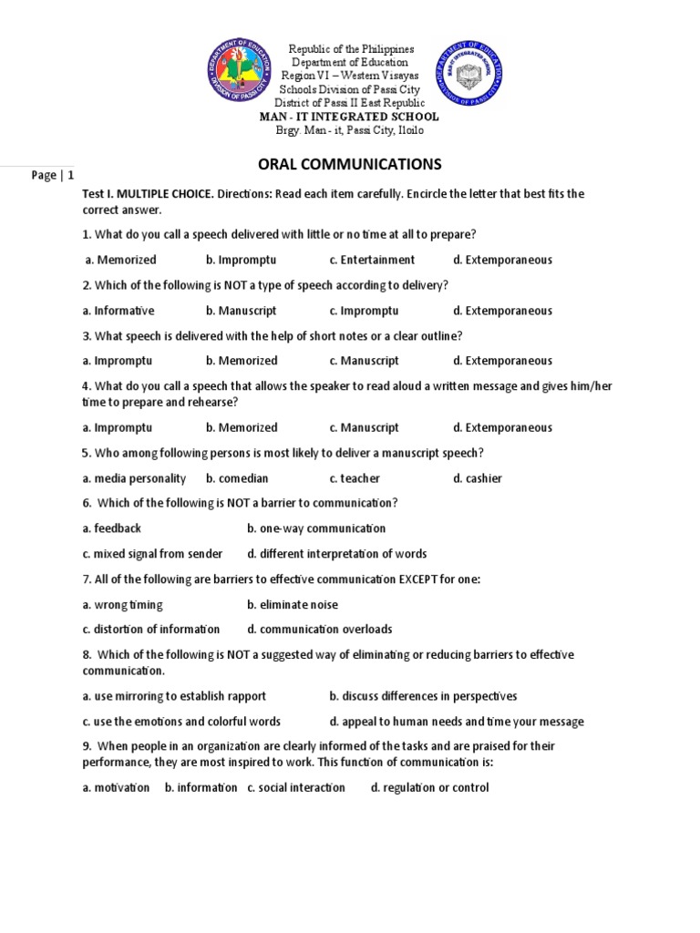 Oral Com Formative Test | PDF | Communication | Cognitive Psychology