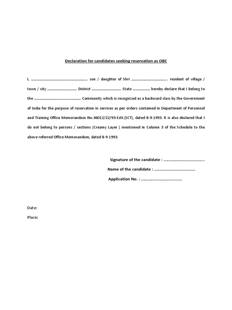 OBC Self Declaration Form Template | PDF