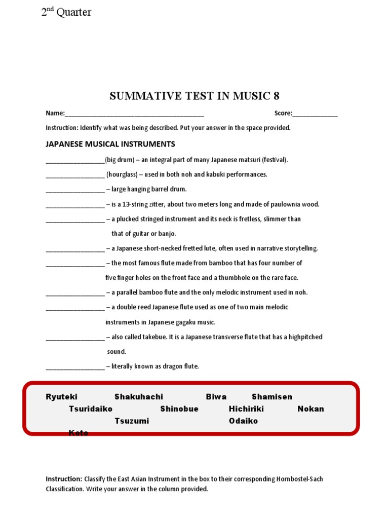 Year 8 Japanese Instrument Test | PDF | Flute | Musical Instruments