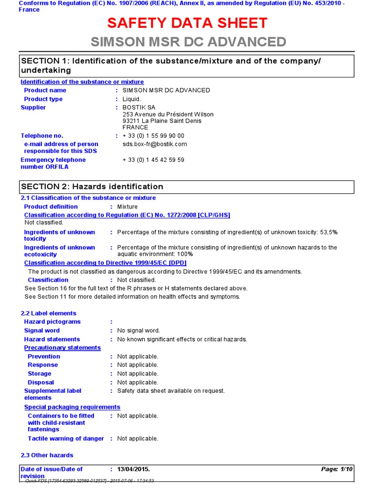 Bostik Simson MSR Decking Caulk Safety Data Sheet | PDF | Toxicity | Workplace