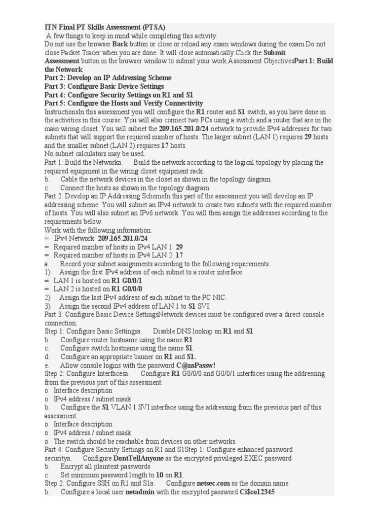 ITN Final PT Skills Assessment | PDF | Computer Network | Ip Address