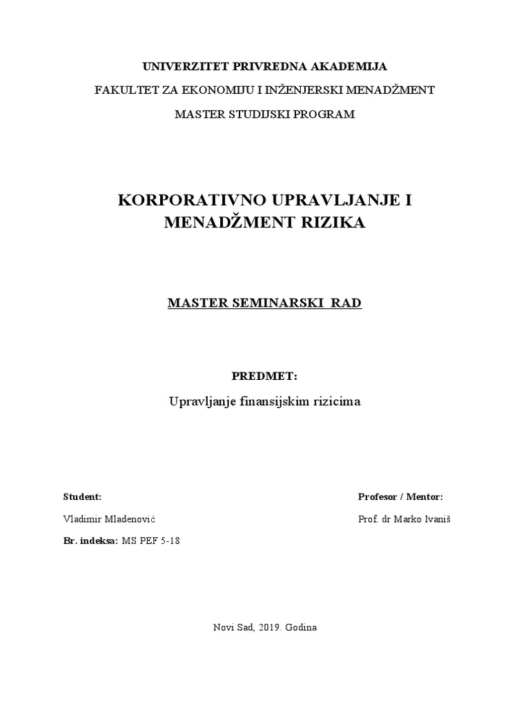 Korporativno Upravljanje I Menadžment Rizika | PDF