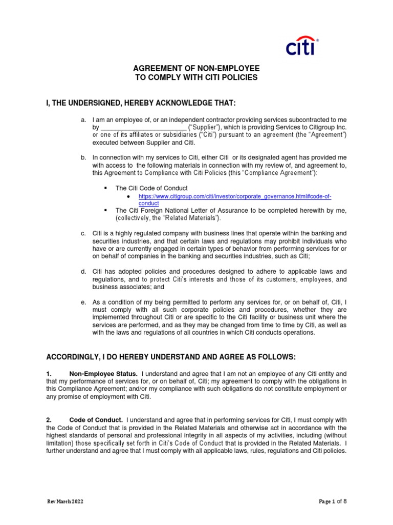 Compliance Agreement for Citi Non-Employees | PDF | Citigroup | Theft