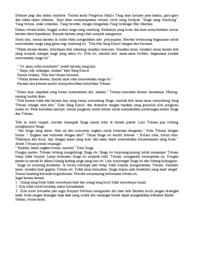 Skrip Pertandingan Bercerita Bahasa Melayu Tahap 1 | PDF