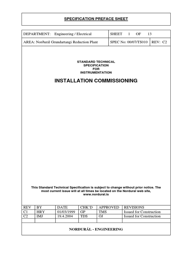 Instrument Commissioning Checklist PDF Free | PDF | Specification ...