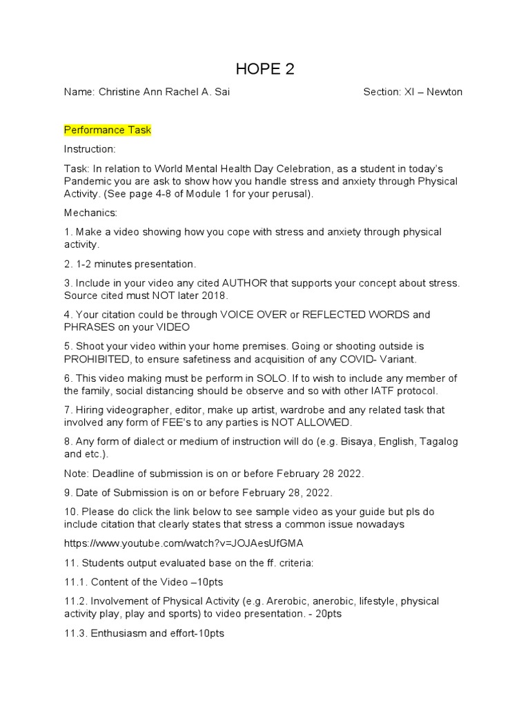 HOPE 2 Performance Task | PDF | Anxiety | Stress (Biology)
