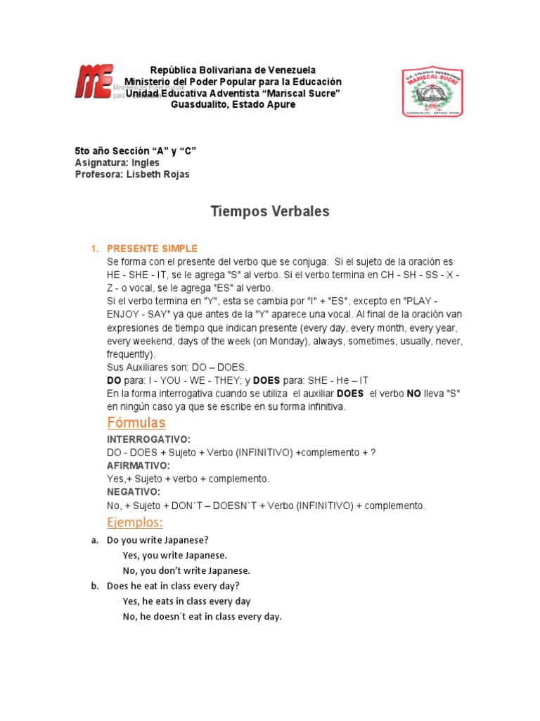 Guia de Tiempos Verbales 5to Año | PDF