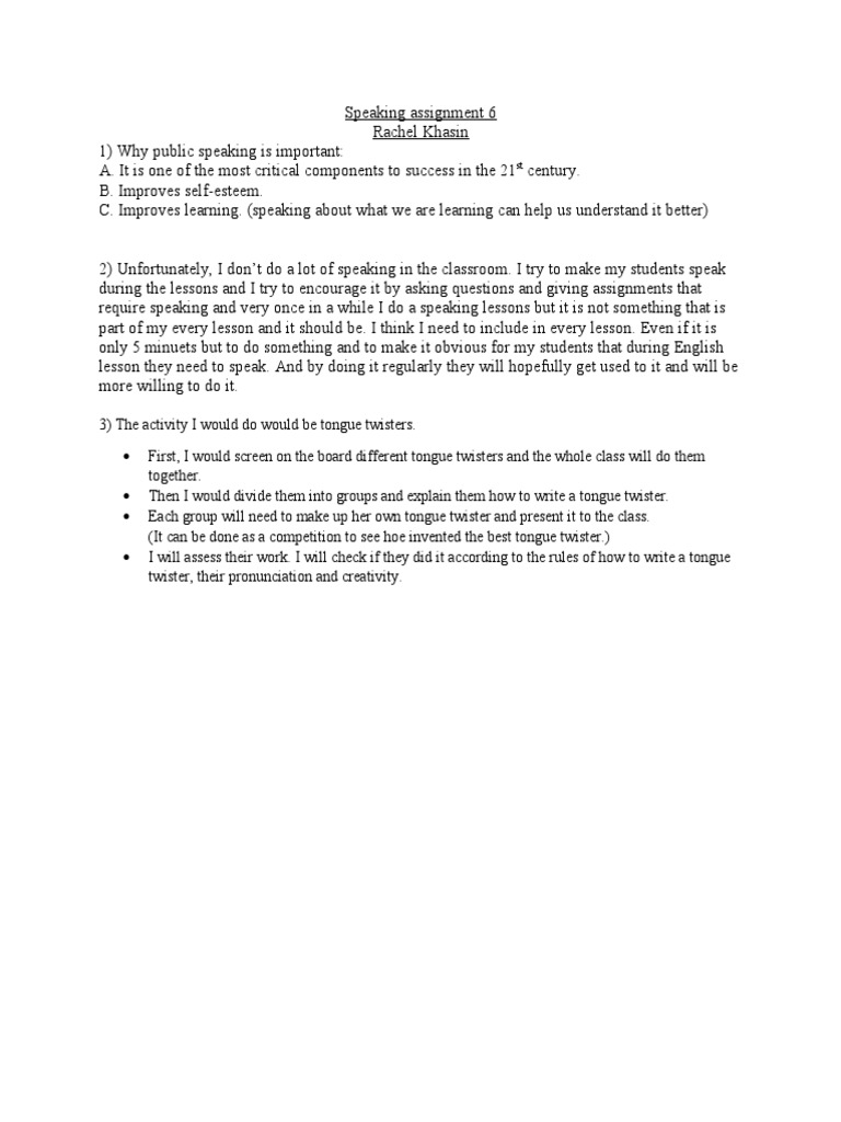 Speaking Assignment 6 Rachel Khasin | PDF