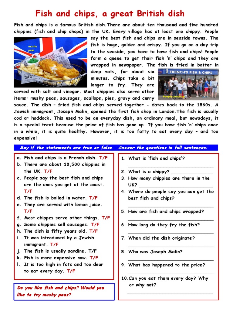 Fish and Chips A Great British Dish Reading Comprehension Exercises ...