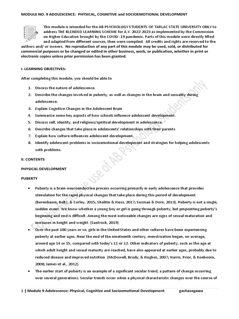 Module 9 Adolescence Physical Cognitive and Socioemotional Development | PDF | Adolescence | Puberty