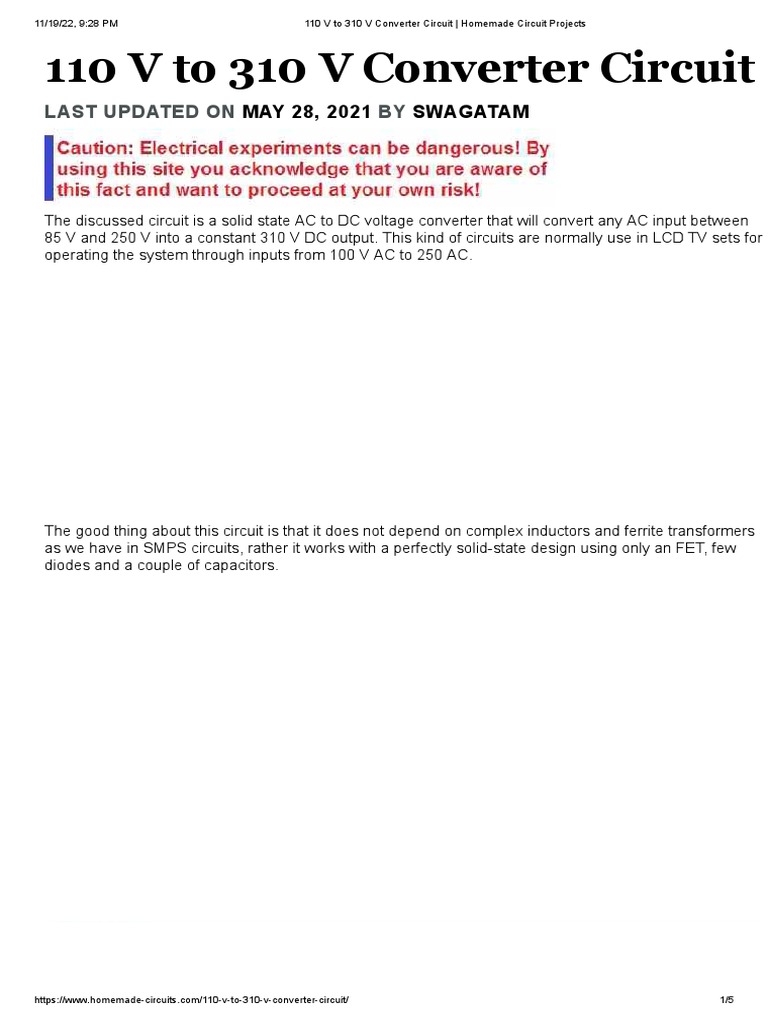 110 V To 310 V Converter Circuit - Homemade Circuit Projects | PDF ...