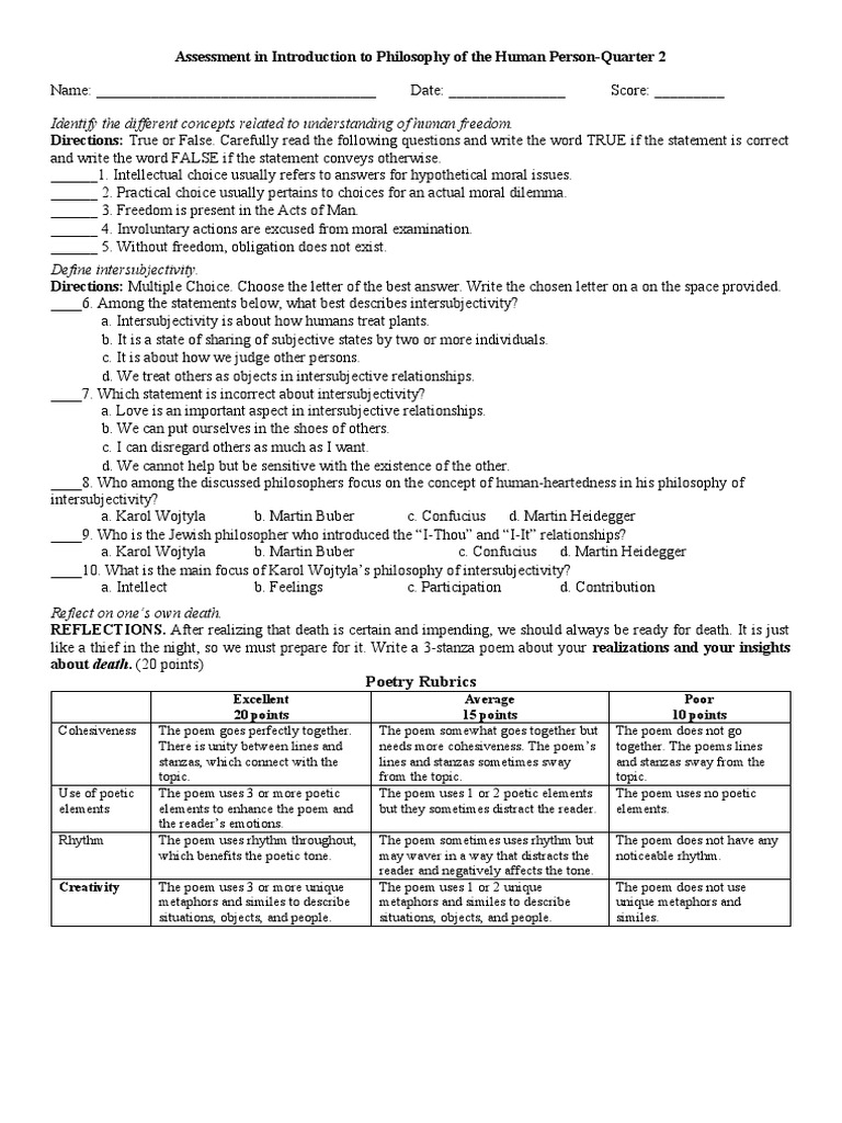 Assessment in Philosophy Q2 | PDF | Poetry | Free Will