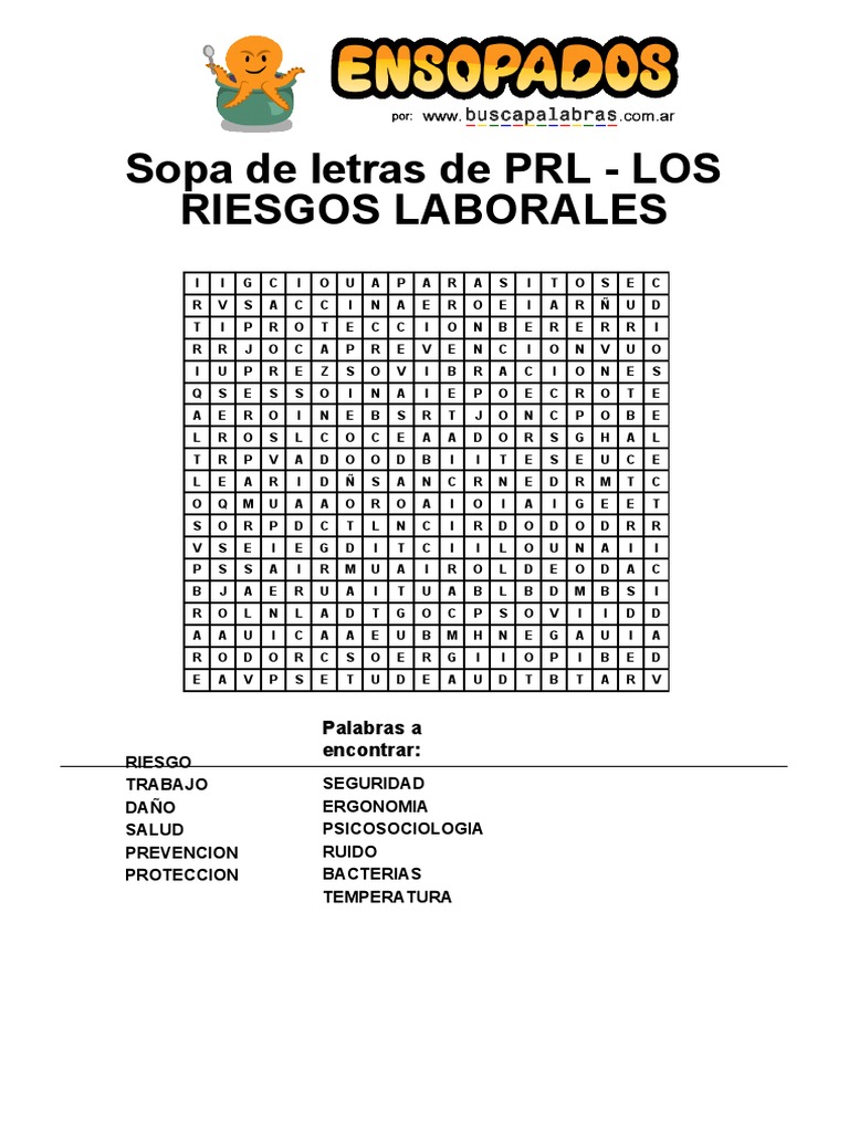 Sopa de Letras de PRL Los Riesgos Laborales | PDF