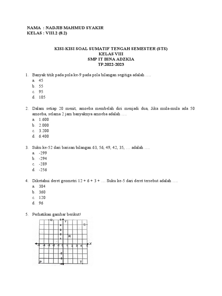 Kisi-Kisi Soal STS Ganjil MTK Kelas Viii (Siswa) | PDF | Metode & Bahan Ajar