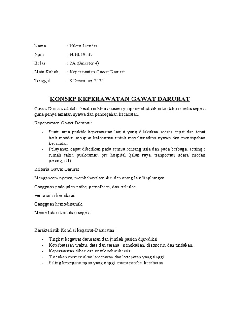 Resume Konsep Gawat Darurat. Niken Liendra2A | PDF