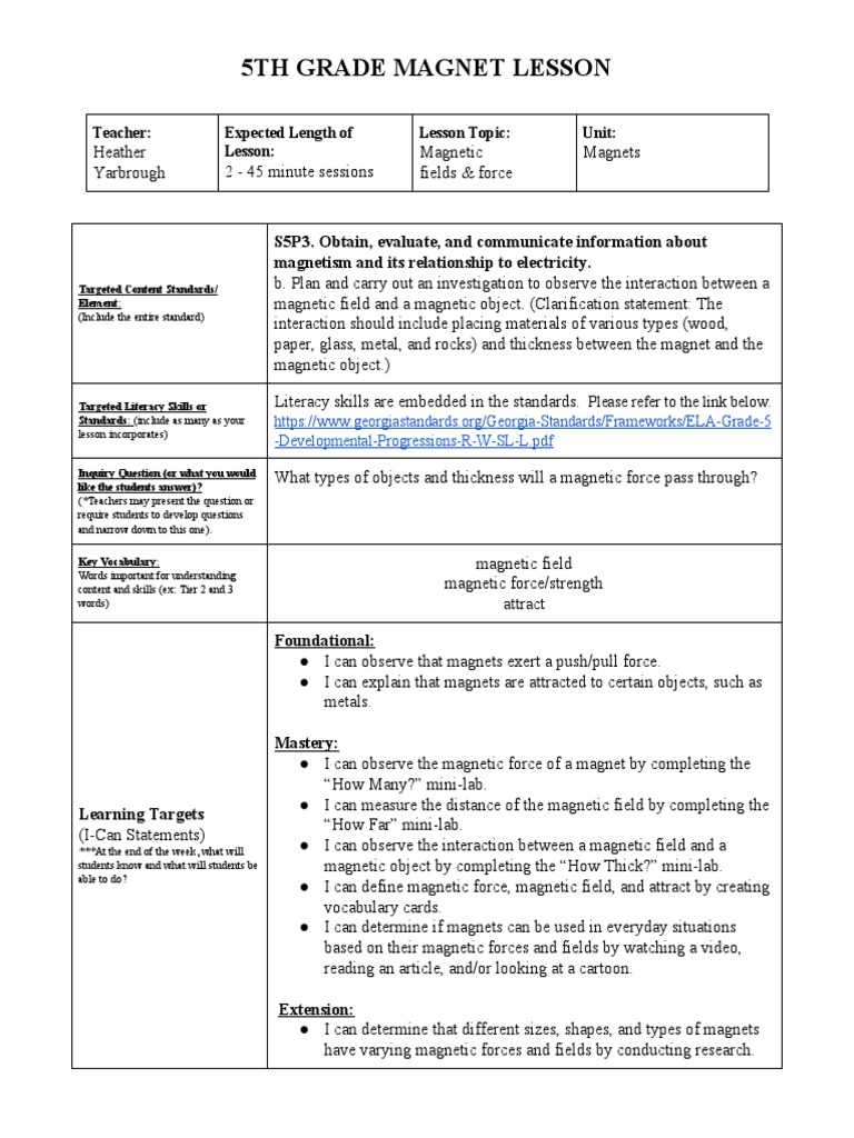 5th Grade Magnetism Lesson Plan | PDF | Magnet | Edema