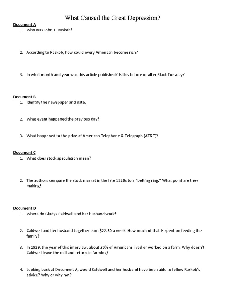 Great Depression Cause Questions | PDF