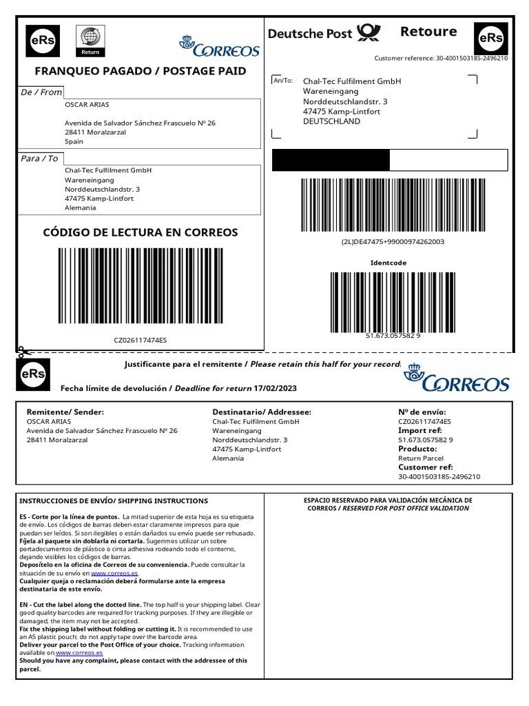 ReturnLabel DHL 20221219055356574 30-4001503185-2496210 | PDF