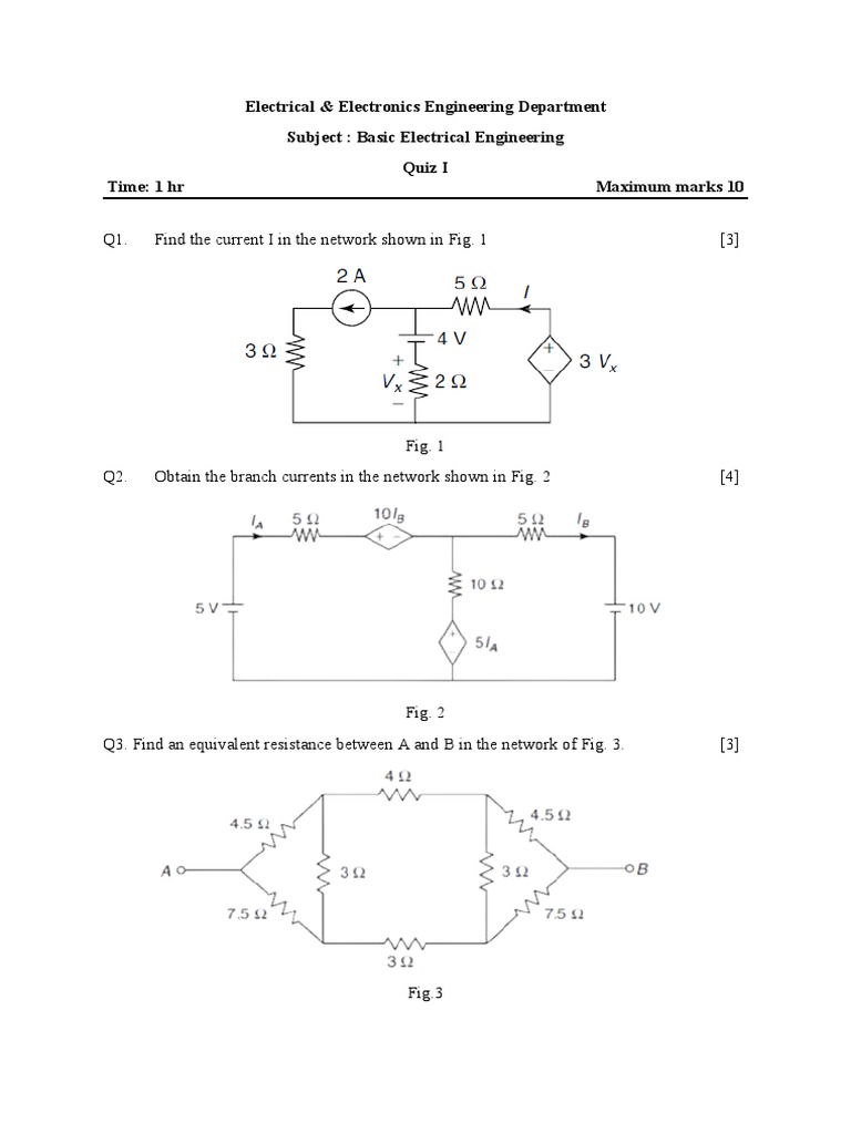 Basic Electrical Engineering Quiz I: Determining Currents and Equivalent Resistances in Simple ...
